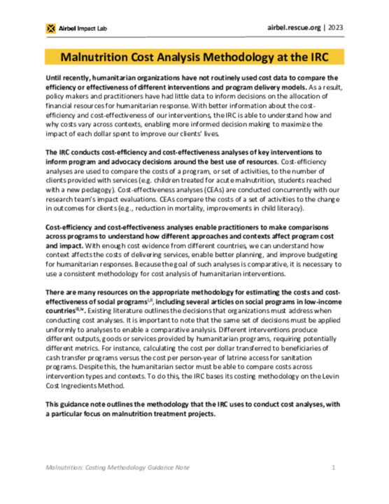 Malnutrition Cost Analysis Methodology At The IRC The IRC Malnutrition Cost Analysis Methodology At The IRC The IRC